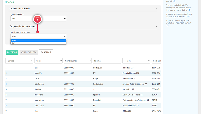 Importar fornecedores a partir de um ficheiro XLS, XLSX ou CSV | Mo...